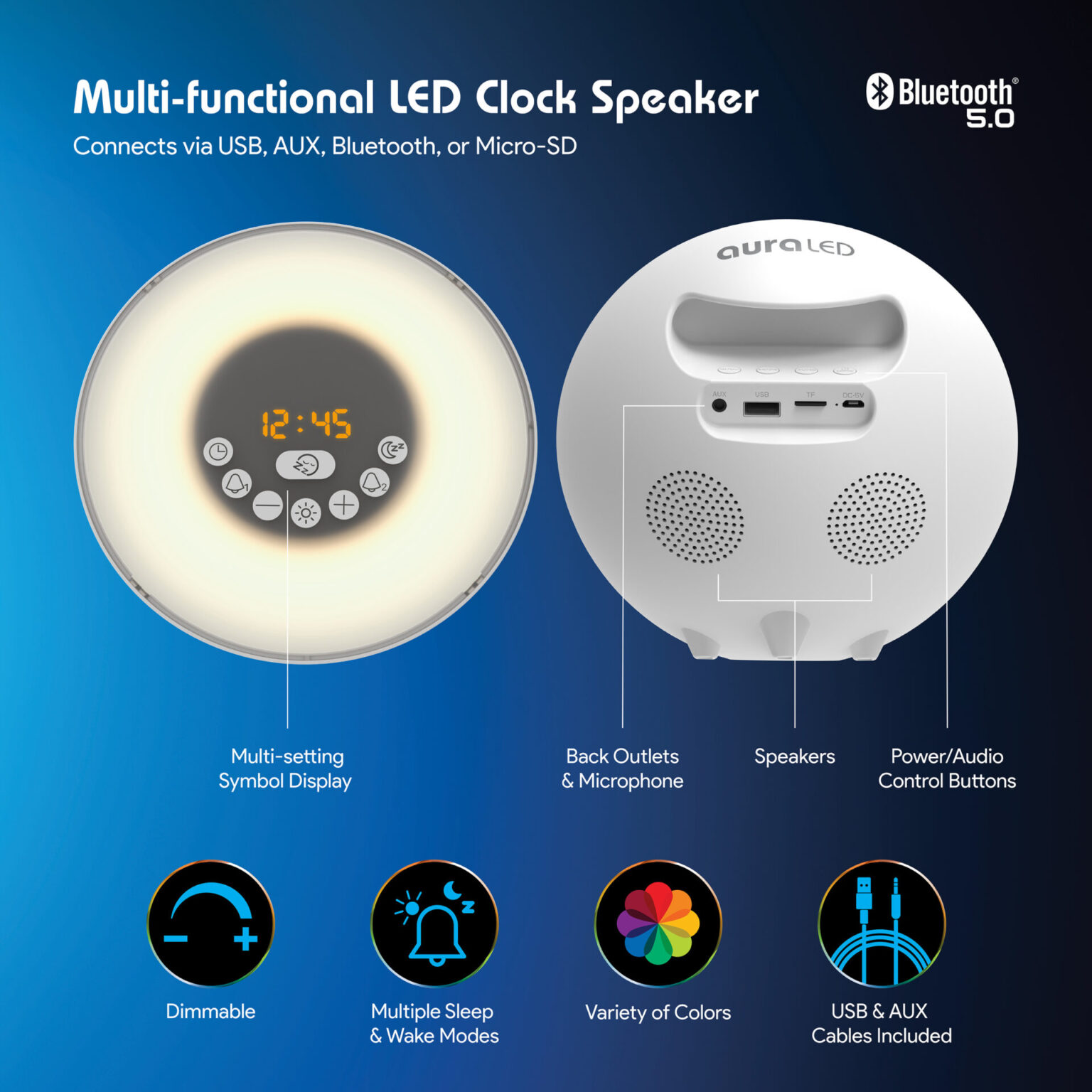 AuraLED WakeToLight LED Clock Speaker – Tzumi®
